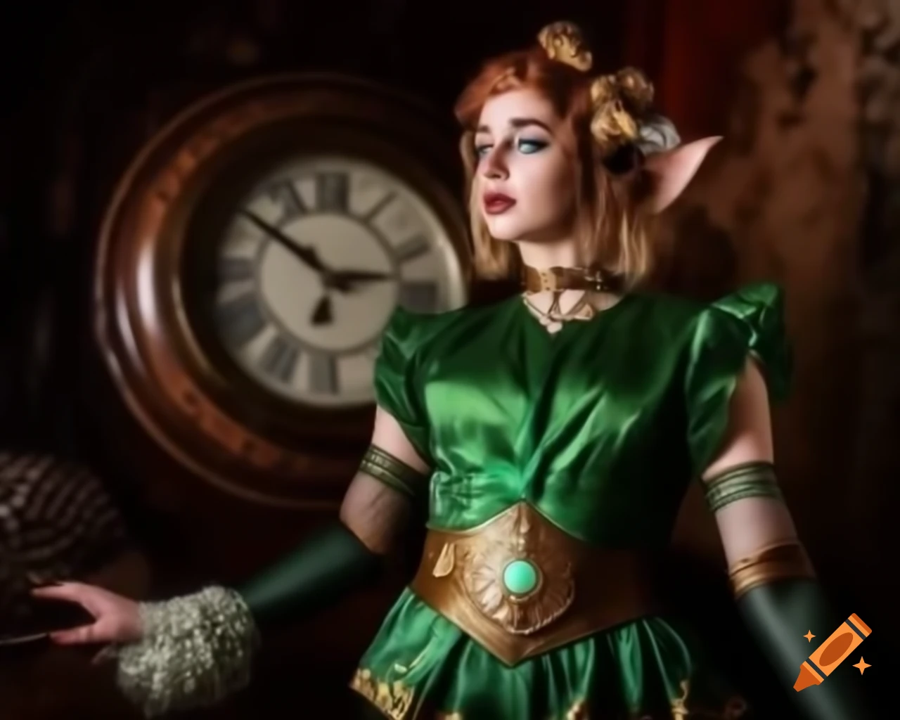Detailed steampunk art of elf queen nissa with clock background on Craiyon