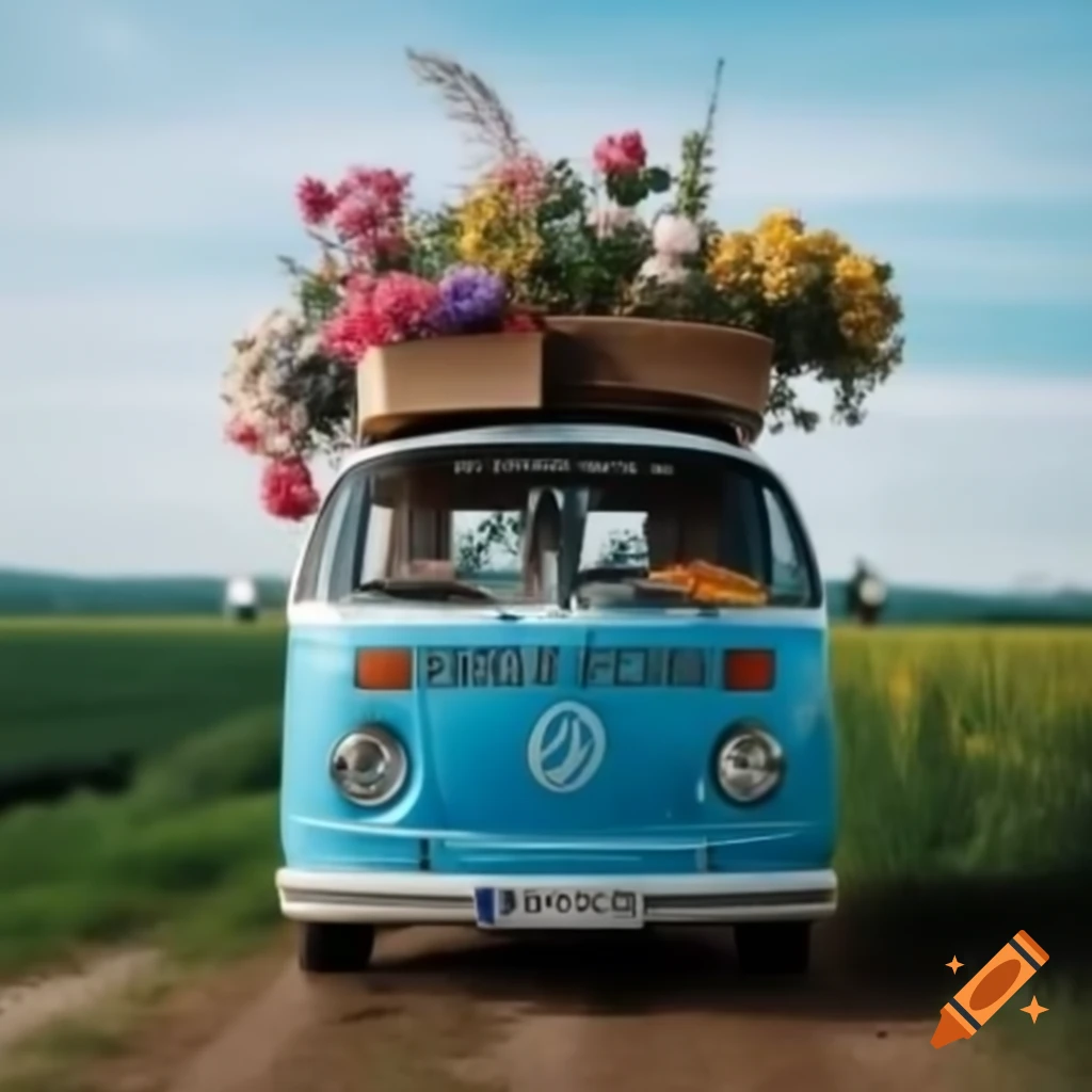 Blue VW van adorned with flowers and birthday banner on Craiyon