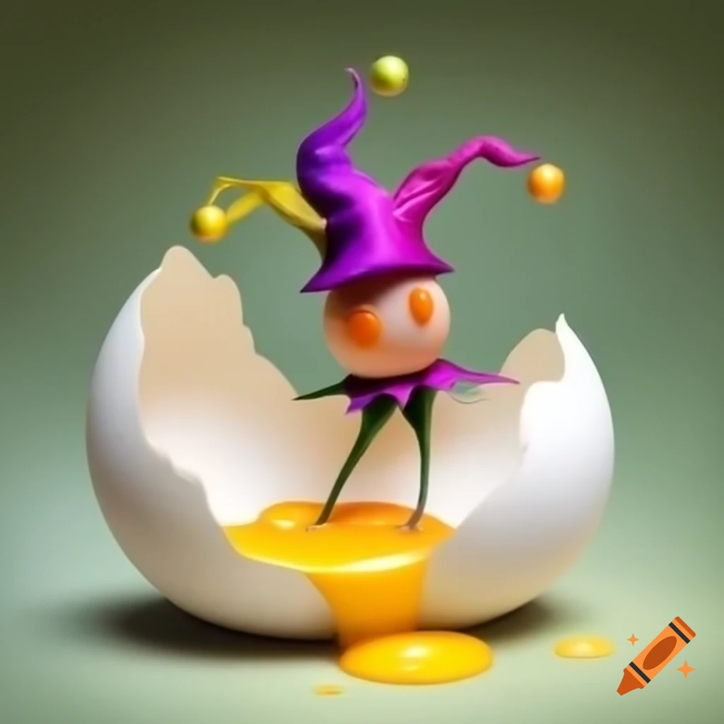 Whimsical jester made of egg yolk emerging from large egg on Craiyon