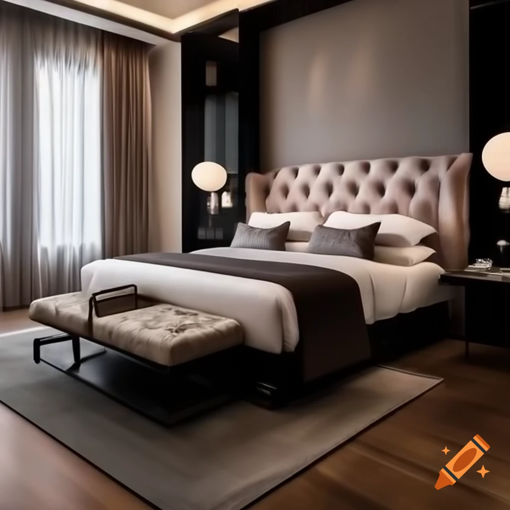 Elegant hotel-chic bedroom with wooden floors and tufted headboard on ...