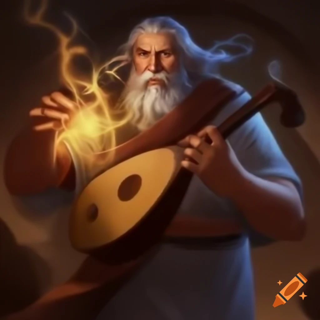 Ancient Greek half-elf with short beard using magic with lute on Craiyon