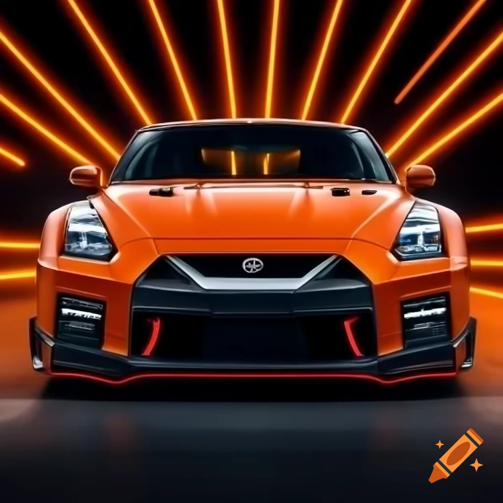 Front view of orange Nissan GTR with black carbon details against ...