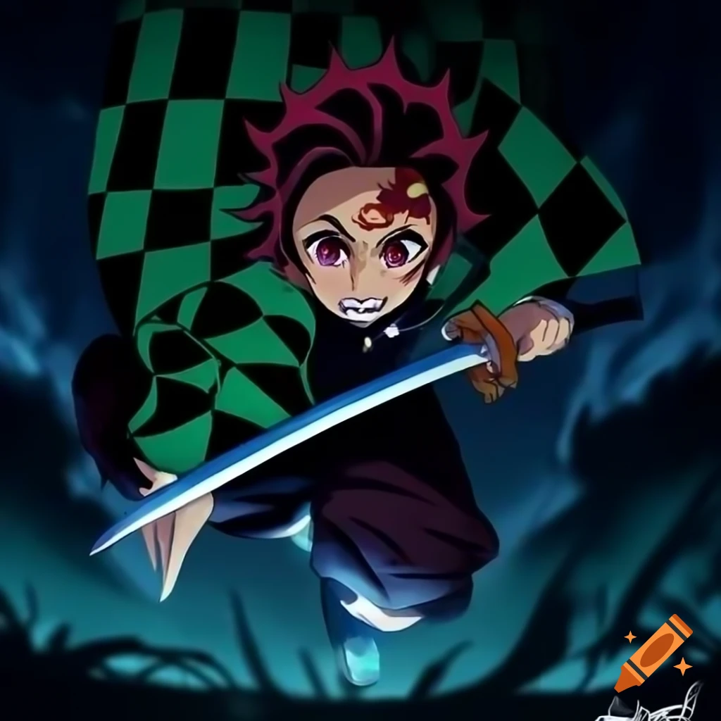 Dynamic illustration of Tanjiro from Demon Slayer in iconic pose with ...