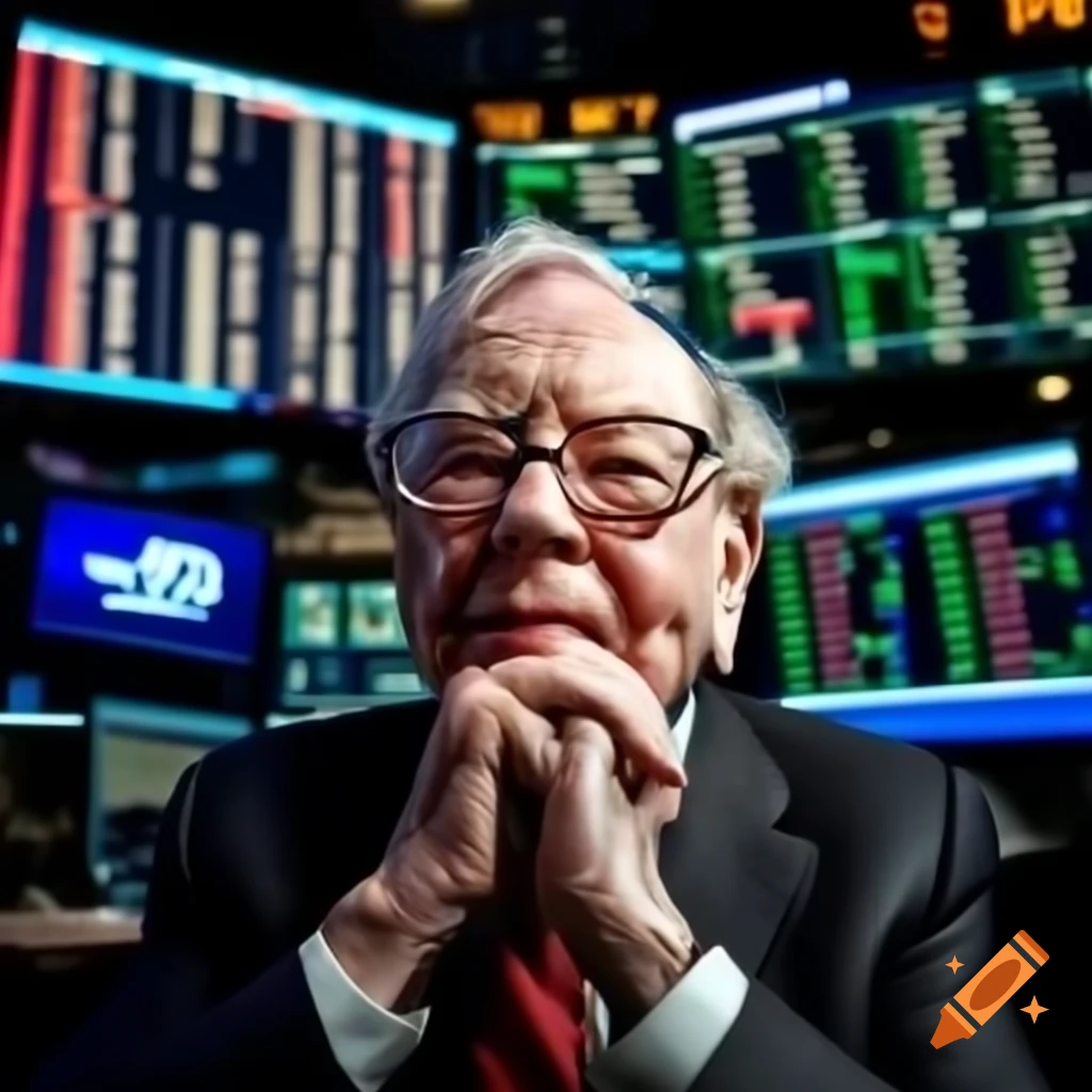 Warren Buffett contemplating with trading graphics and "Tradingview ...