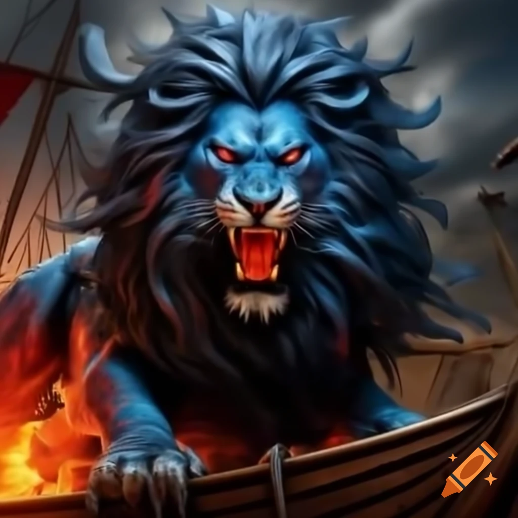 Vibrant blue lion breathing flames on Viking ship on Craiyon