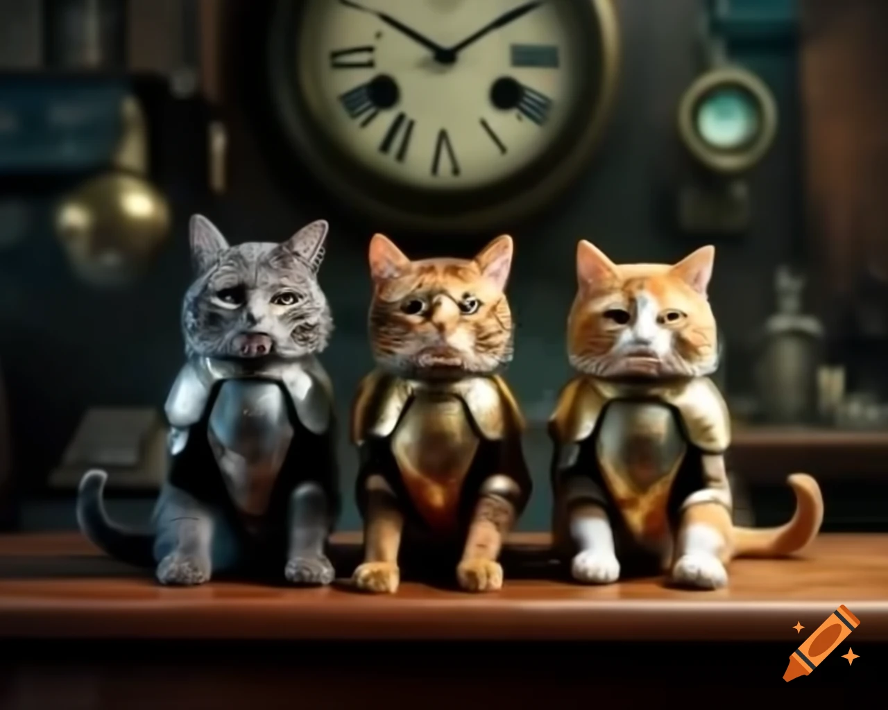 Steampunk cats in armor on table with clock, futuristic robots and ...