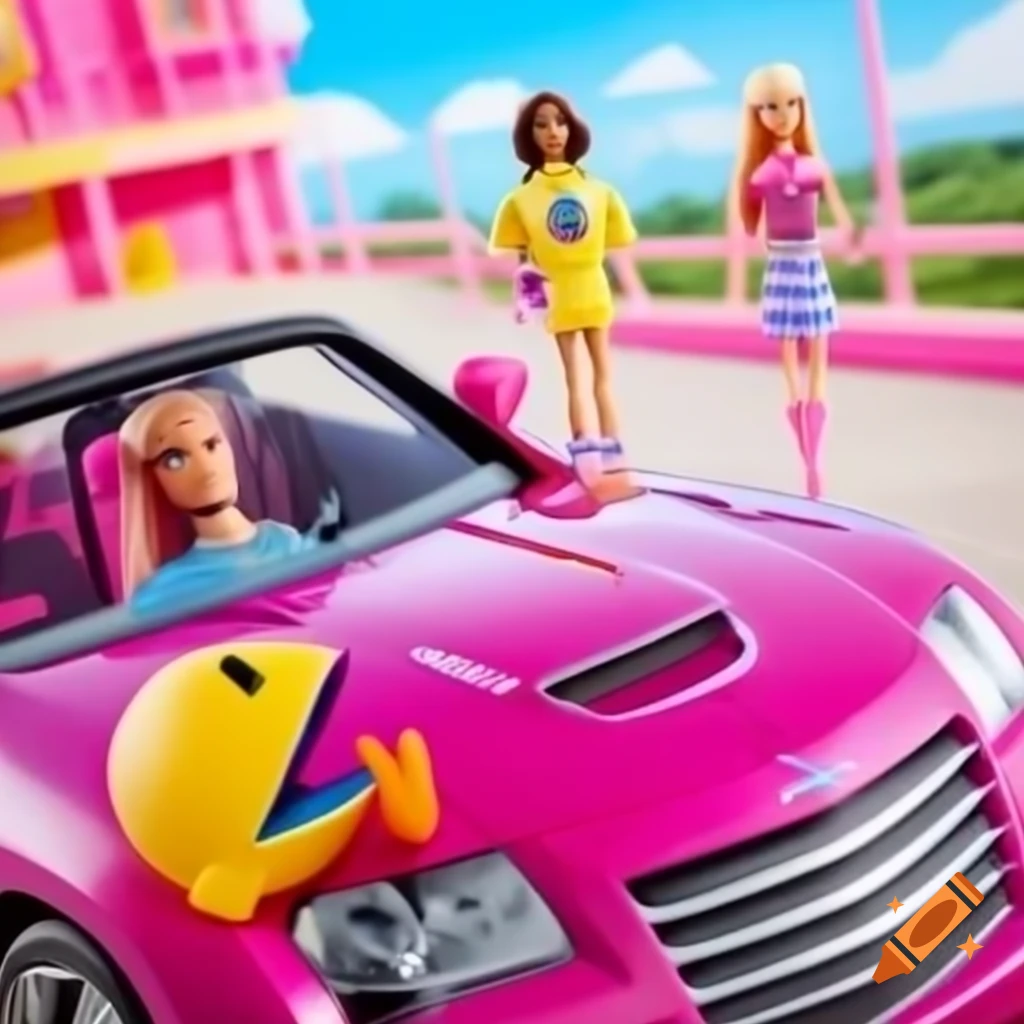 Pac-man and barbie inside a 2005 chrysler crossfire on Craiyon