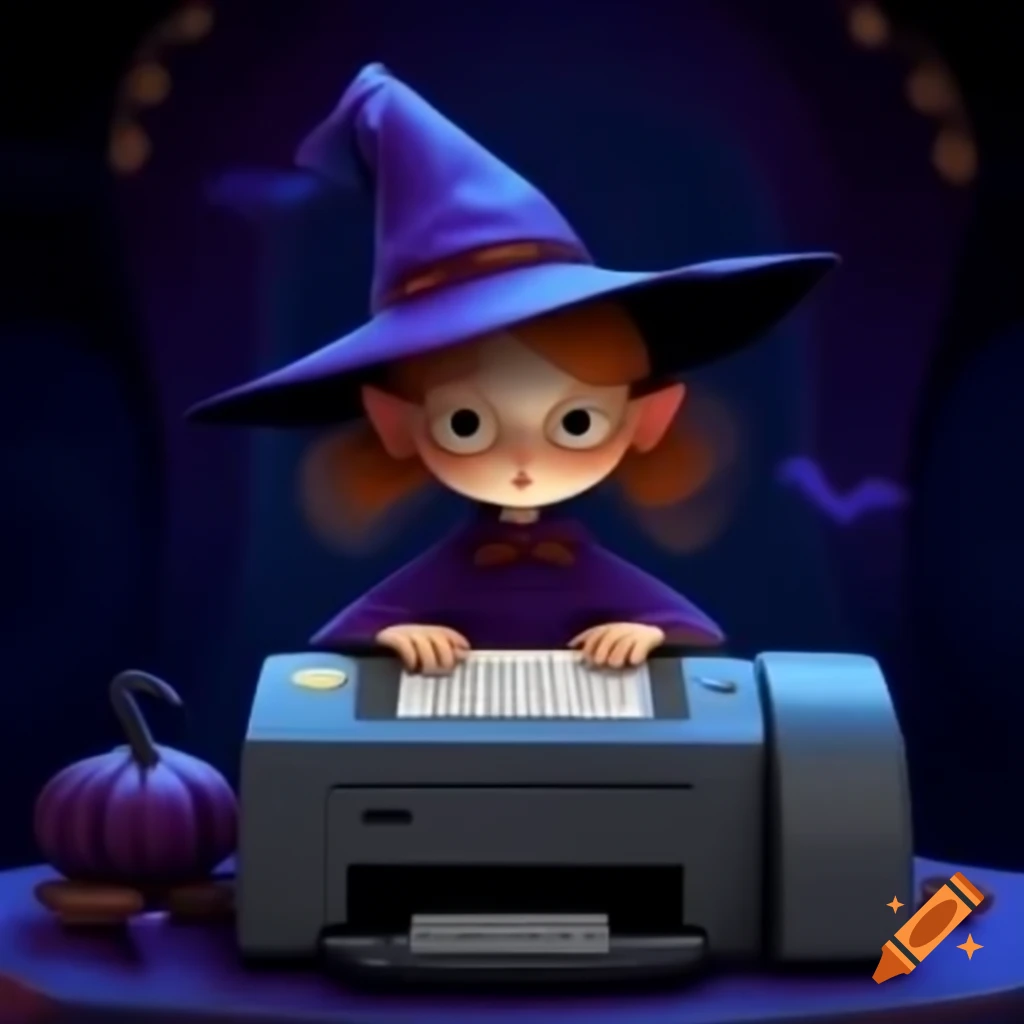 Witch interacting with a fax machine, whimsical scene on Craiyon
