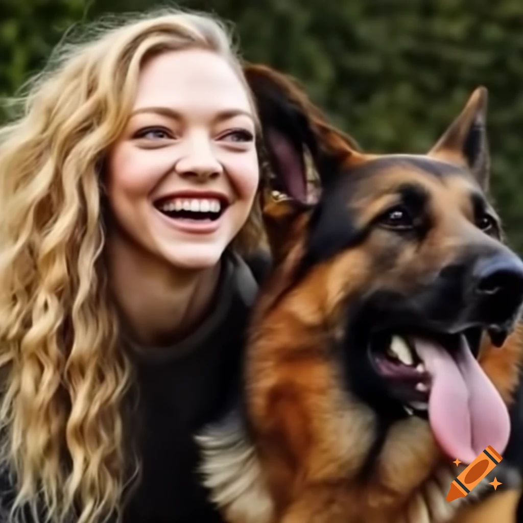 Amanda Seyfried with curly blonde hair playing with German shepherd dog on Craiyon