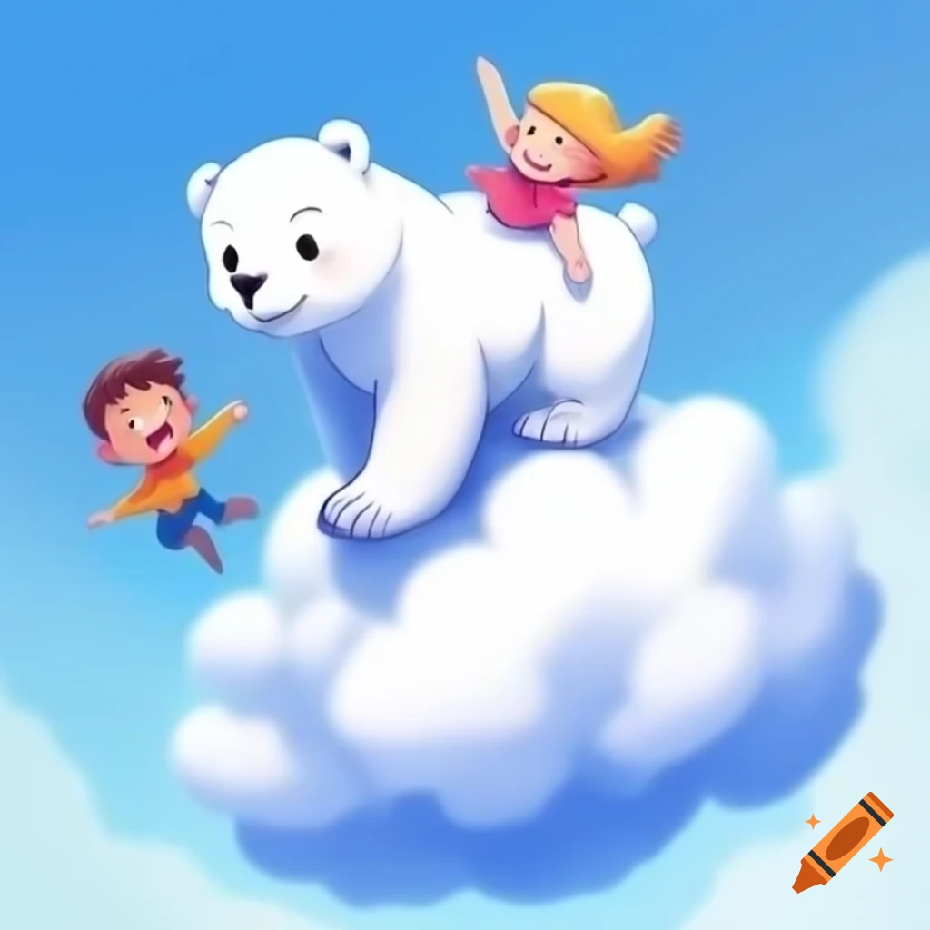 Polar bear cub and child jumping on fluffy cloud, whimsical ...