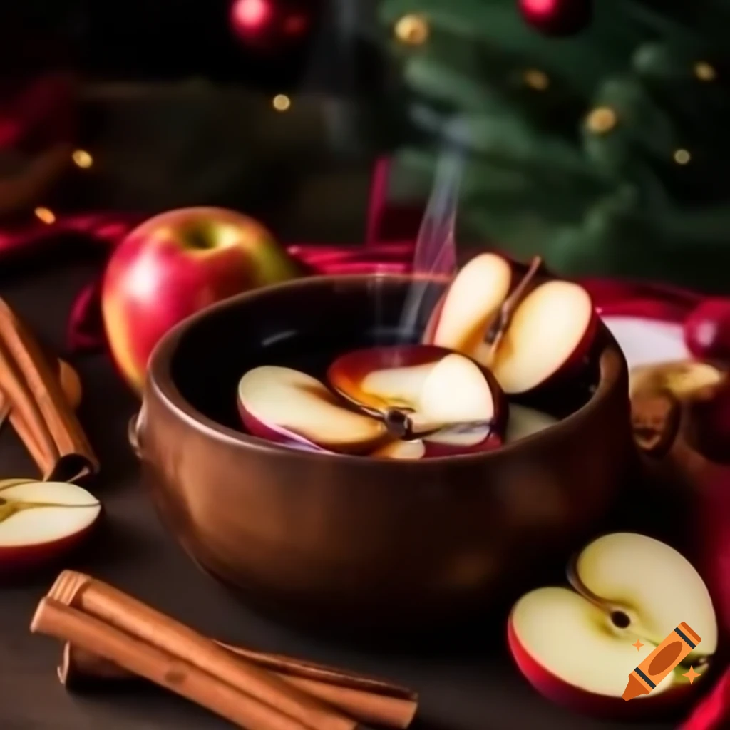 Christmas wassail in wooden bowl with apple slices and spices near ...