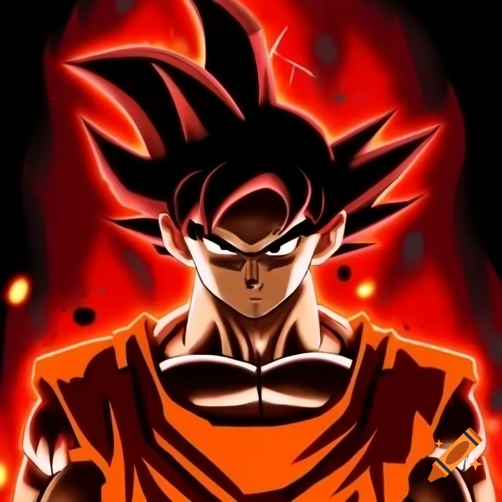 Goku in fiery red super saiyan transformation radiating power on Craiyon