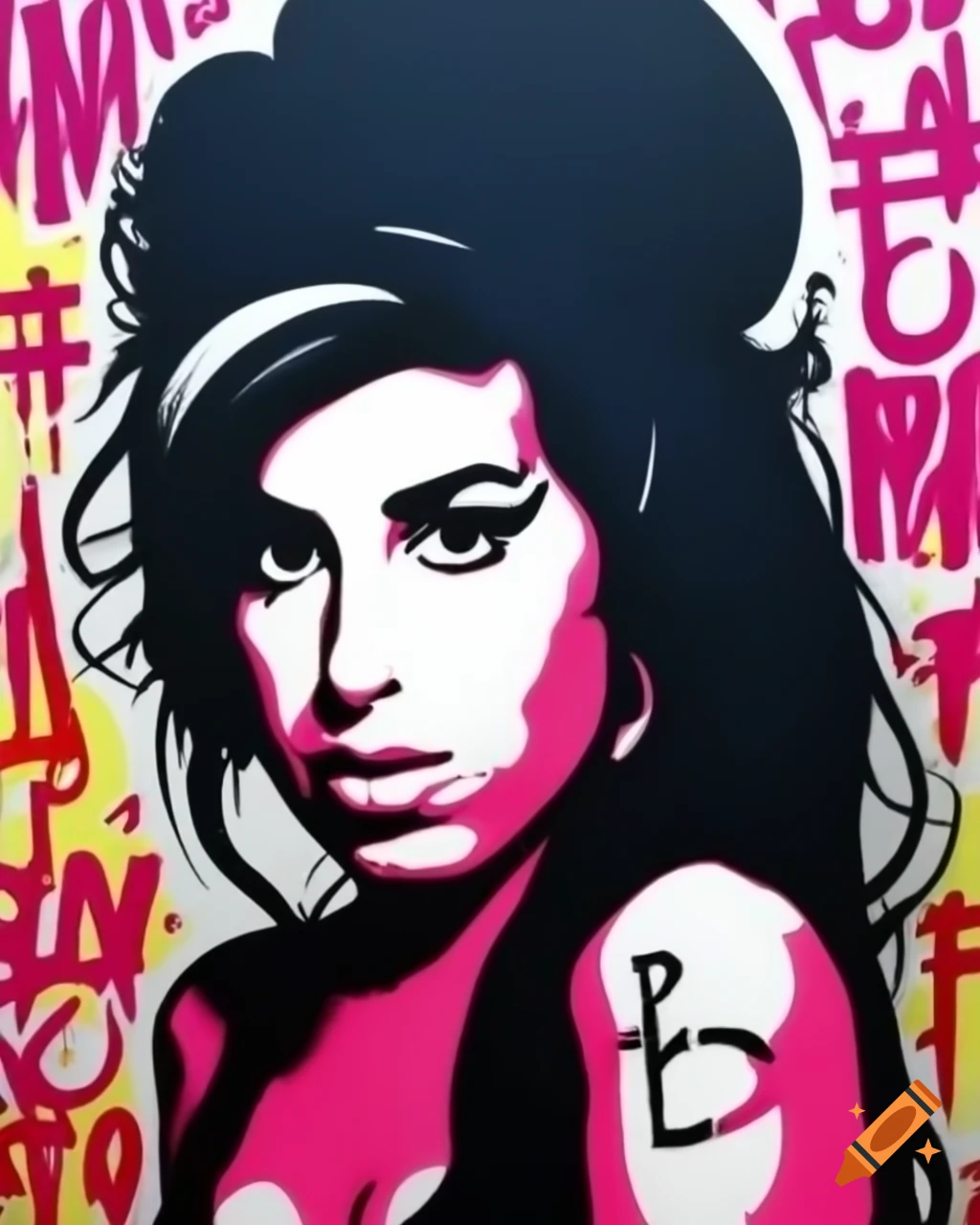 Amy Winehouse in vibrant graffiti stencil art style on Craiyon