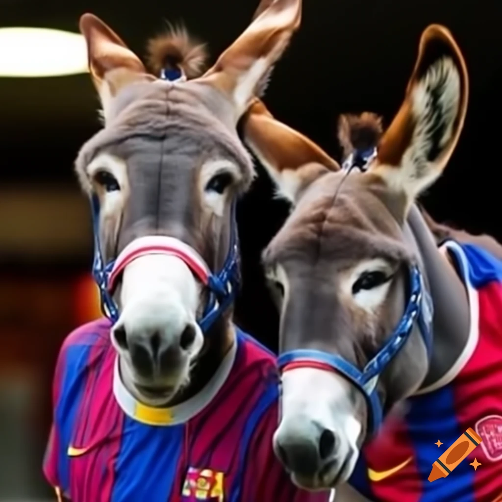 Two donkeys dressed in fc barcelona and bayern munich shirts in ...