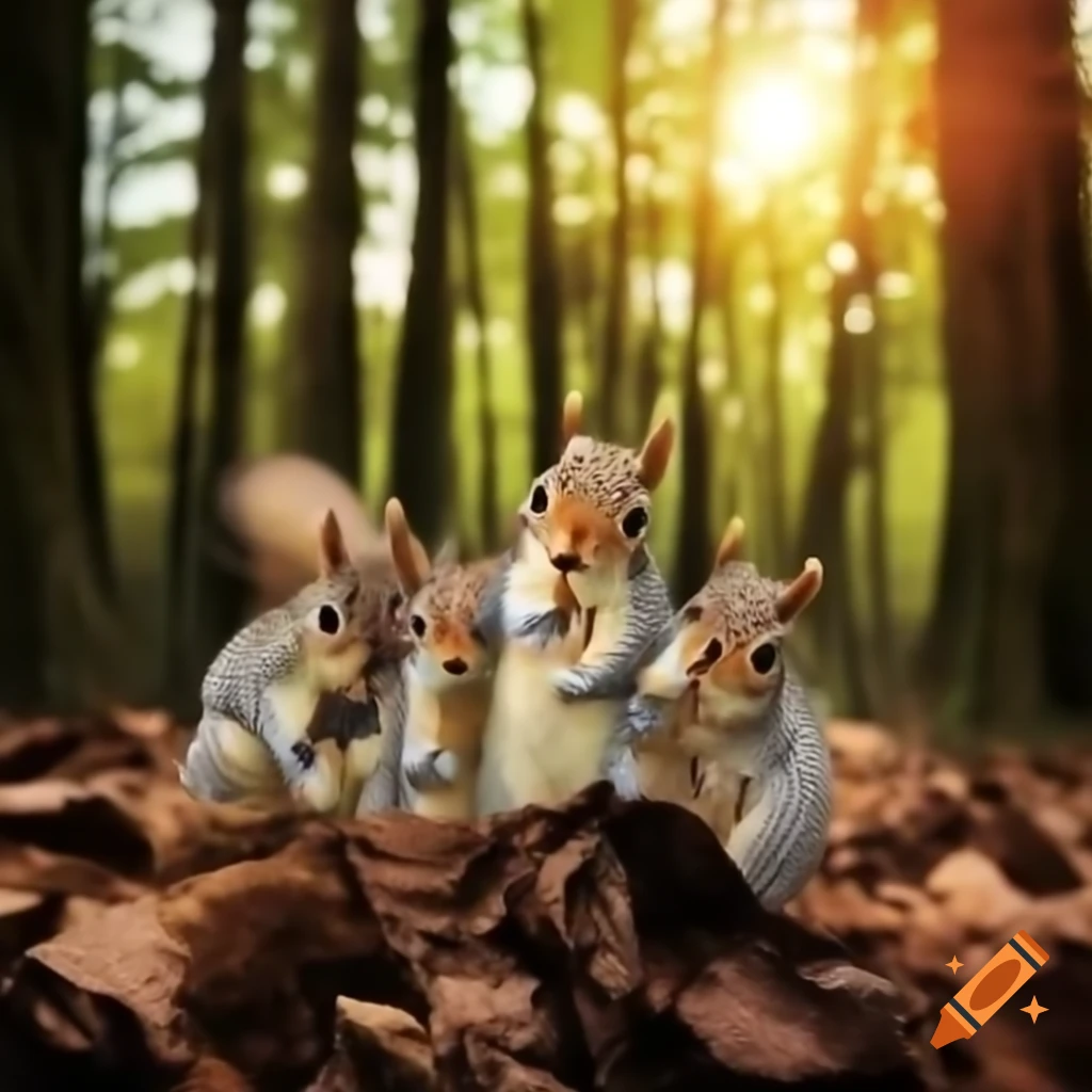Eastern gray squirrels playing among sun-dappled leaves in woodland on ...