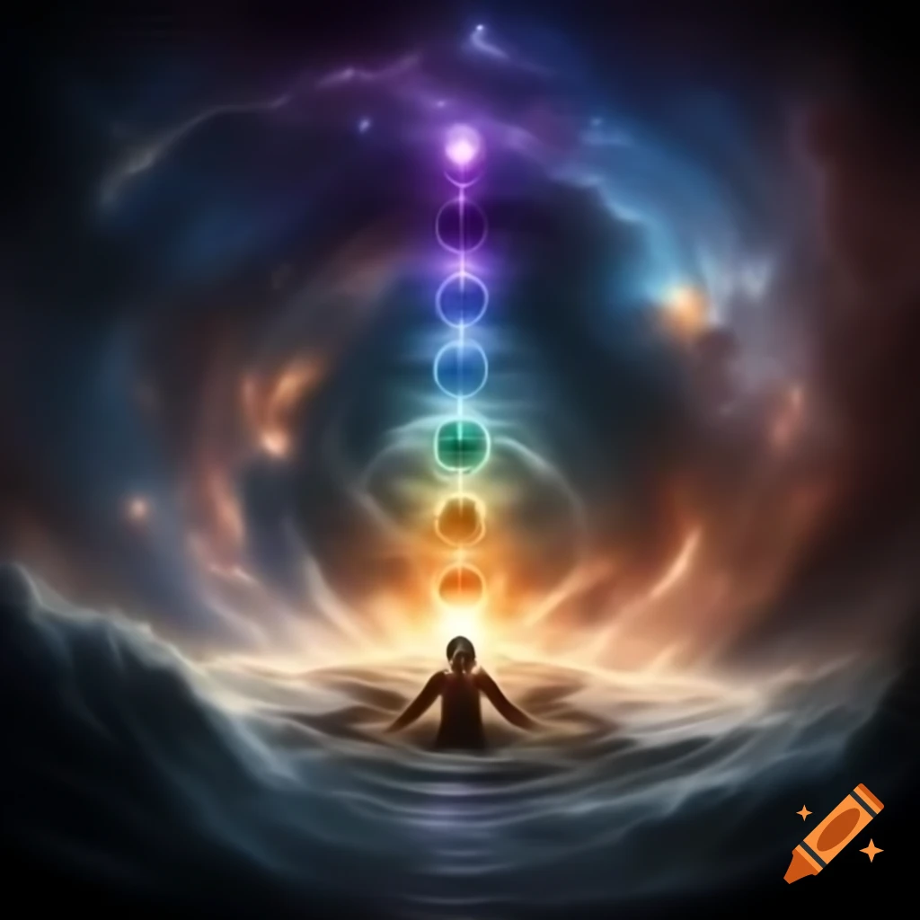 Vibrant scene of human body with glowing chakras and cosmic elements on ...