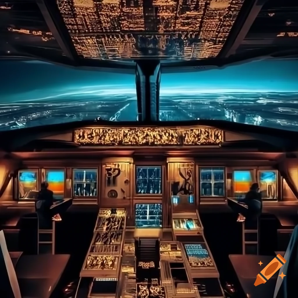 Realistic airplane cockpit at night with controls and city view on Craiyon