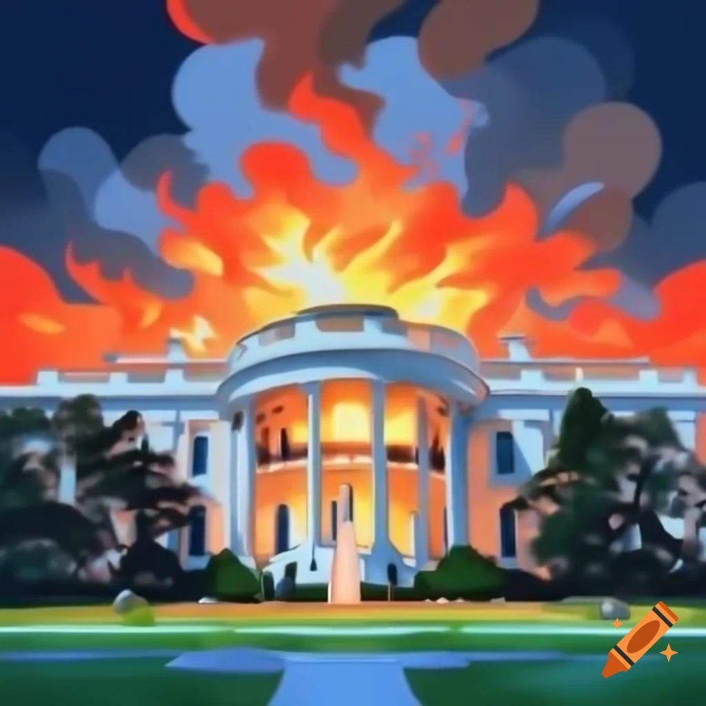 Drawing of The White House engulfed in flames on Craiyon