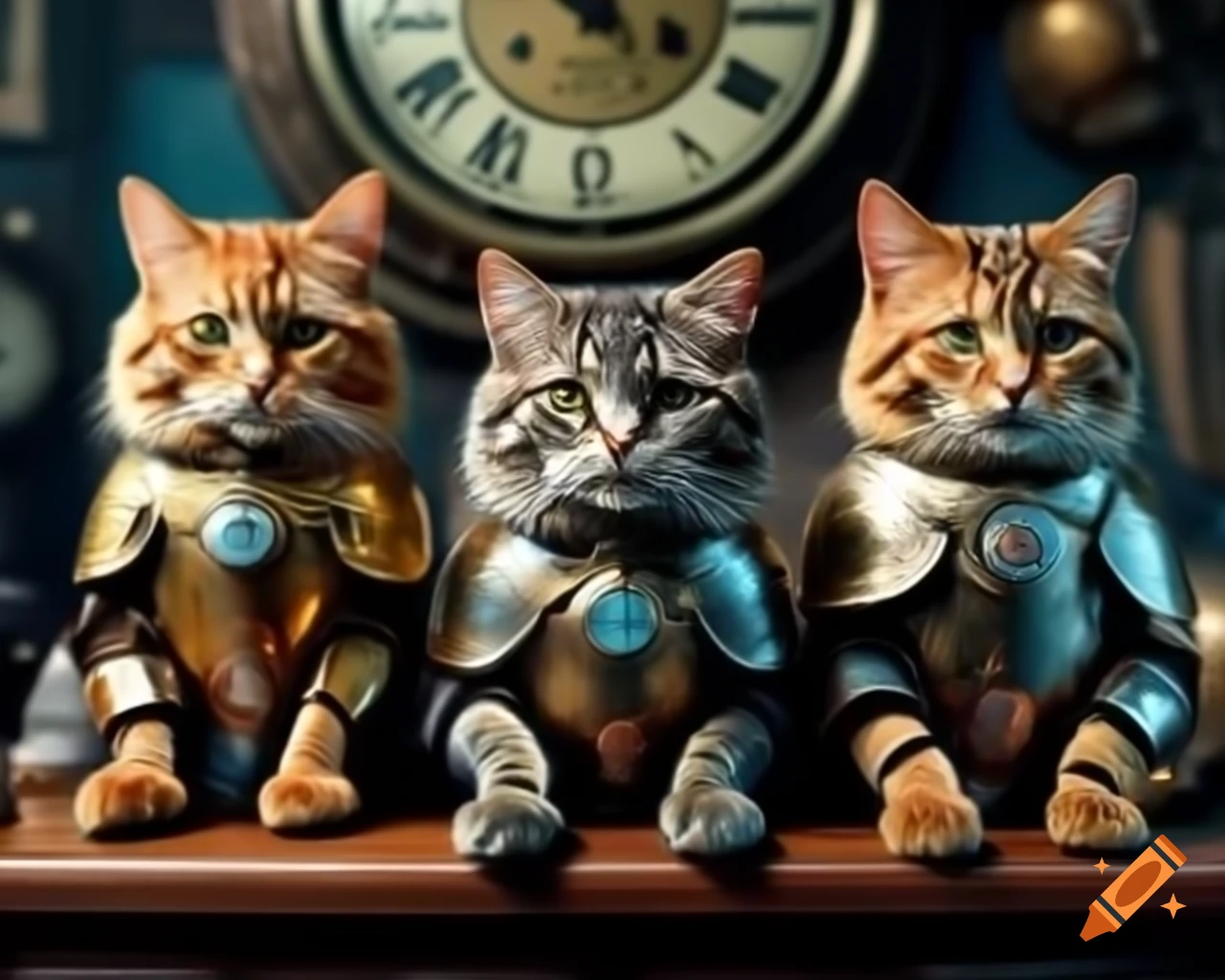 Steampunk cats in armor on table with clock, futuristic robots and ...