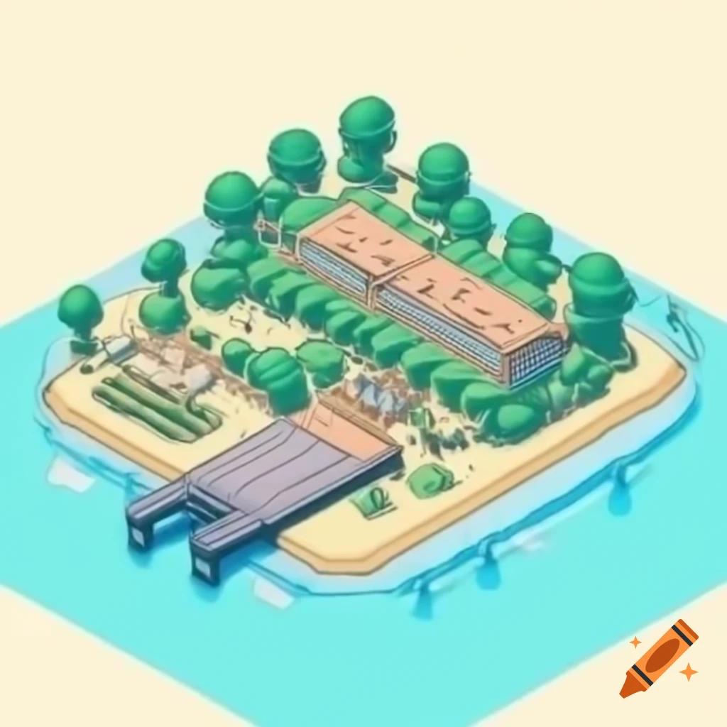 Isometric depiction of a resort and dock with 90s japanese manga ...