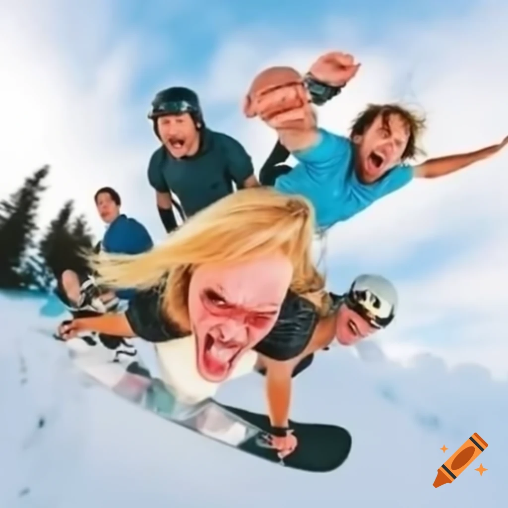 Group of friends snowboarding and performing tricks in the air ...