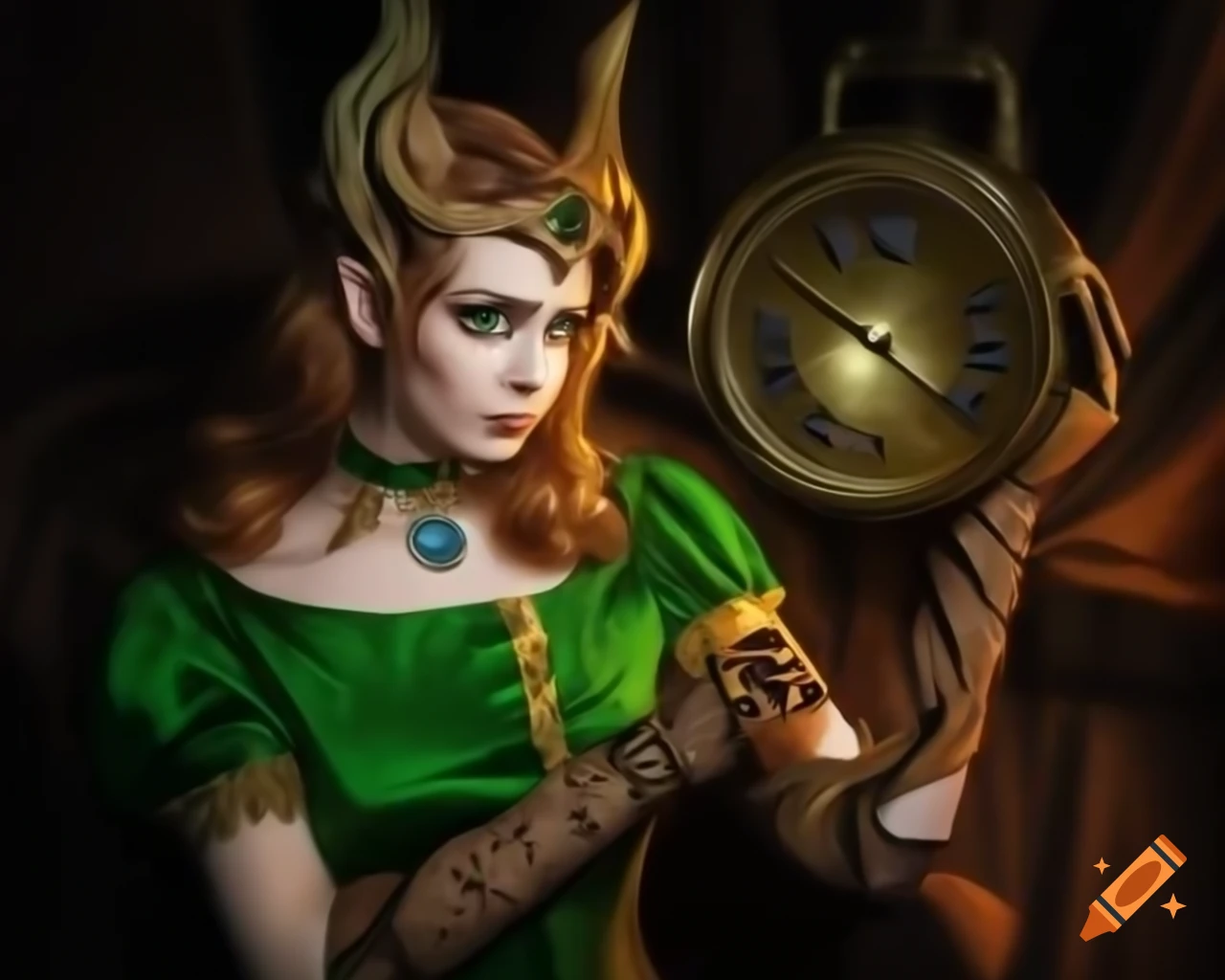 Detailed steampunk art of elf queen Nissa with clock background on Craiyon
