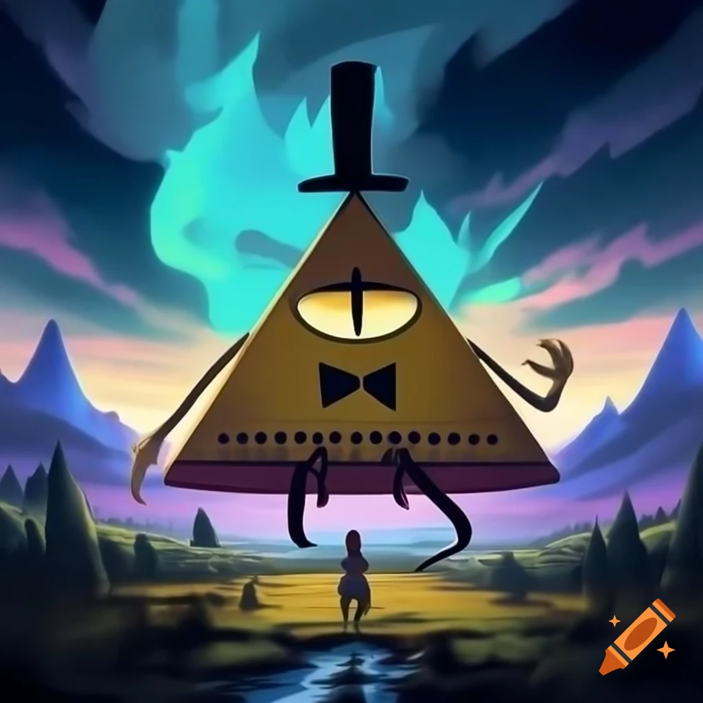Bill Cipher, the triangle character from Gravity Falls, towering over ...