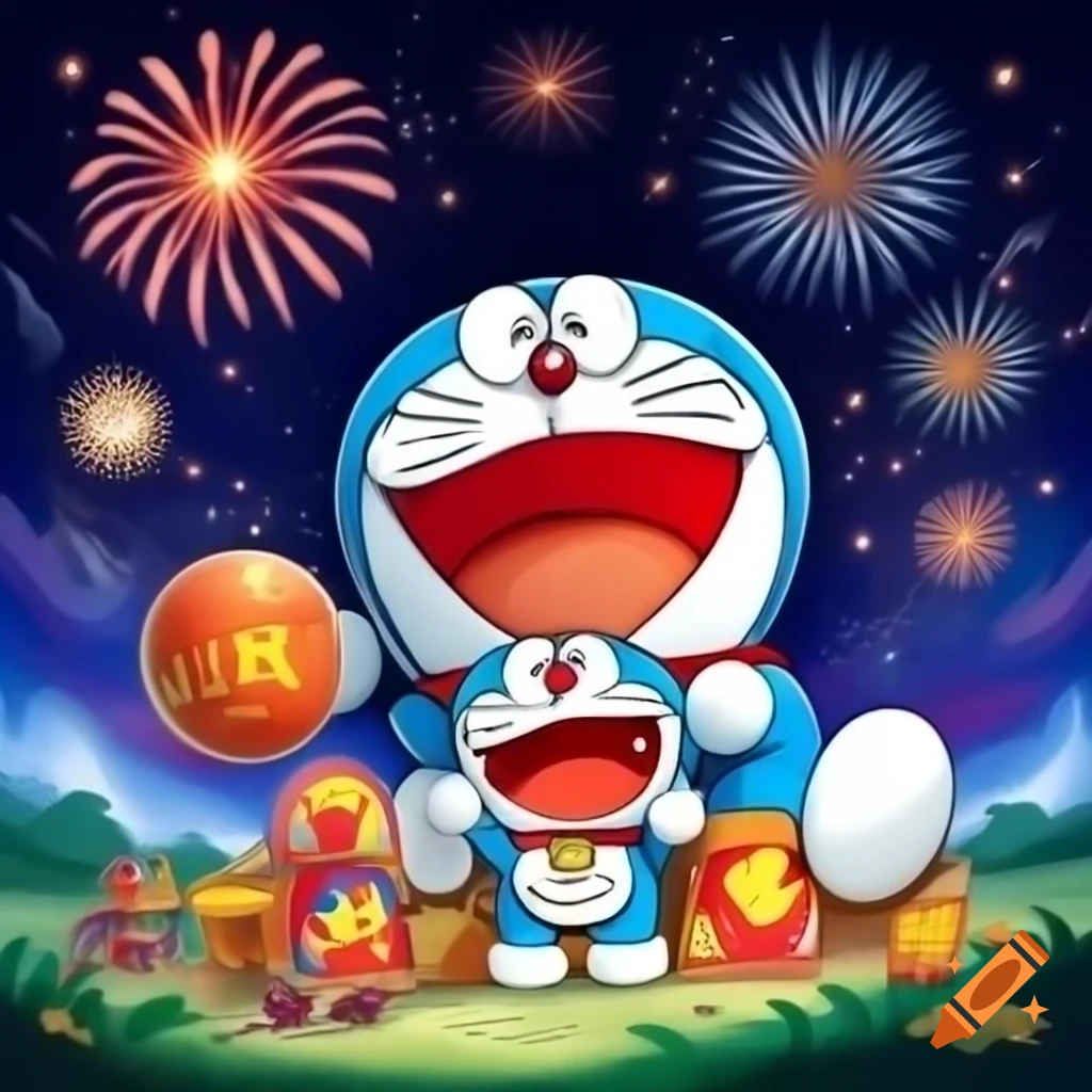 Doraemon with giant mochi surrounded by colorful Chinese New Year ...