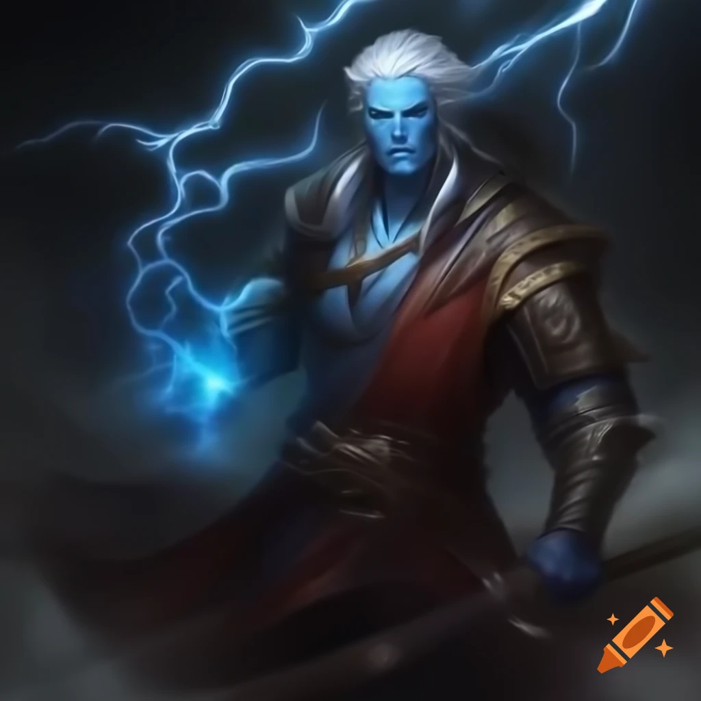 Blue-skinned sorcerer warrior in red robe with spiky white hair on Craiyon