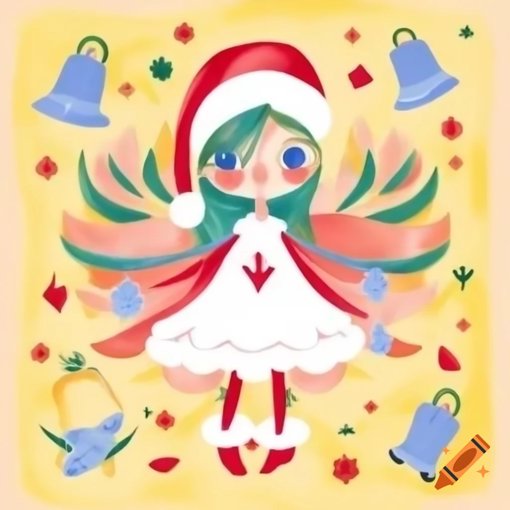 Whimsical Christmas card design featuring angel and bells in watercolor ...