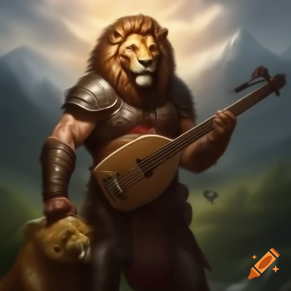 Barbarian with lion head holding lute in ancient armor on Craiyon
