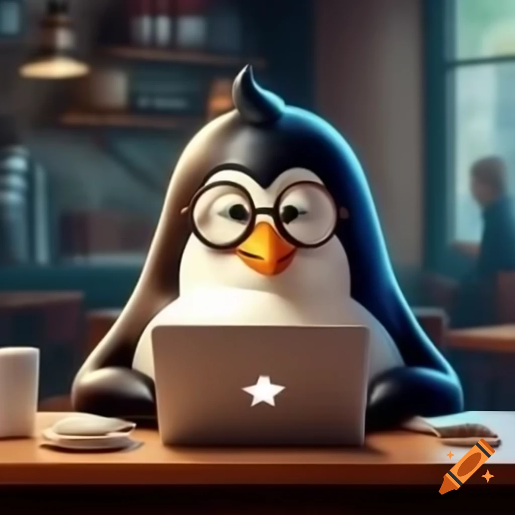 Cartoon penguin with glasses working on laptop in cozy coffee shop on ...