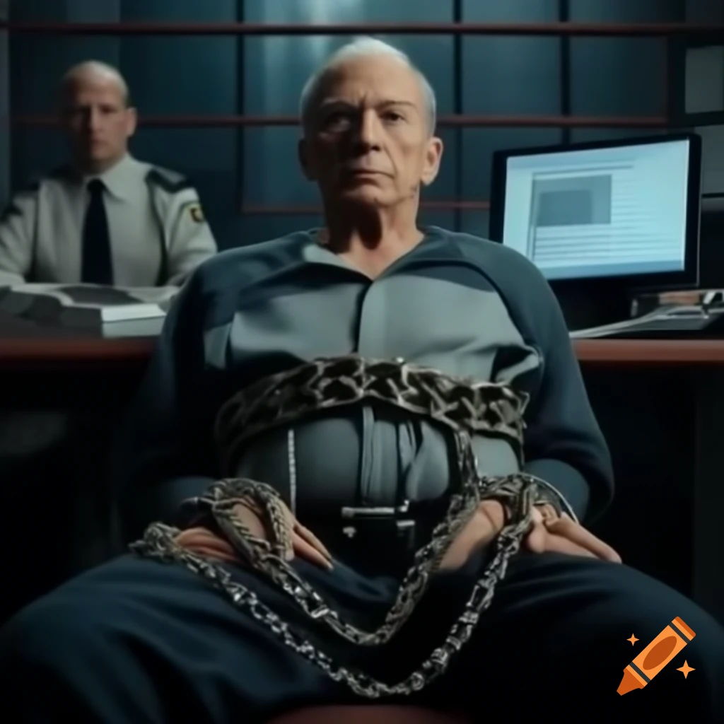 Man in prisoner clothes with chains sitting on chair working on ...