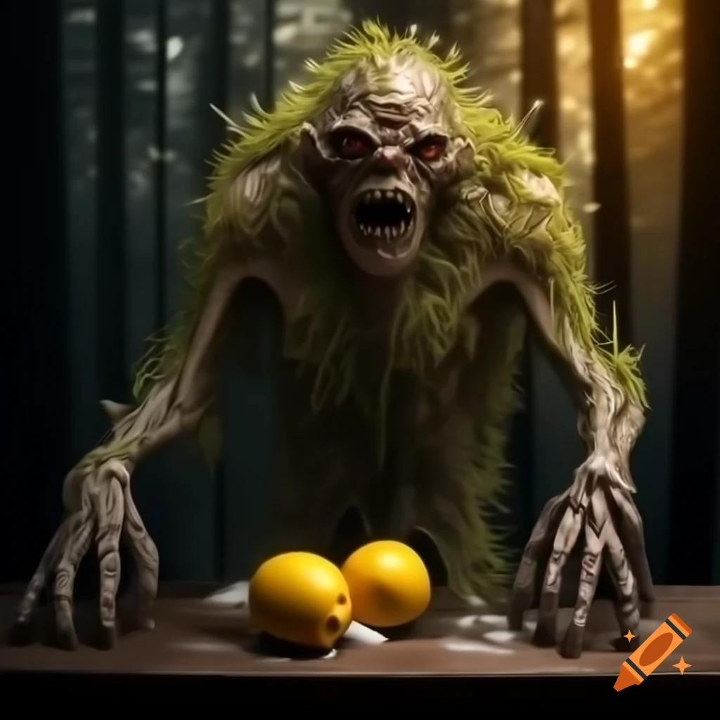 Hyper realistic mutant lemon fruit monster in extreme closeup on Craiyon