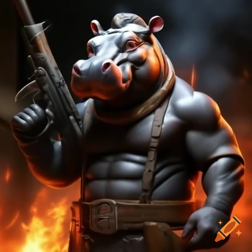 Hippo with Mohawk and gun in front of flames on Craiyon