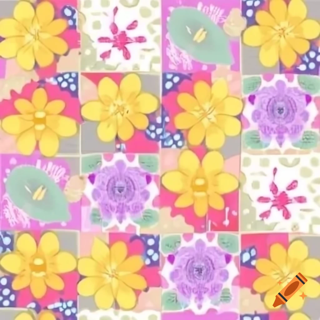 Seamless patchwork pattern with cute floral squares for fabric design on Craiyon