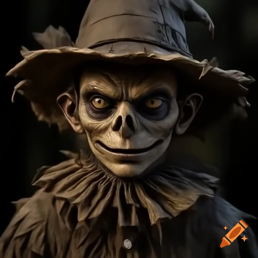 Intricate scarecrow with lifelike face and blindfold in eerie pose on ...