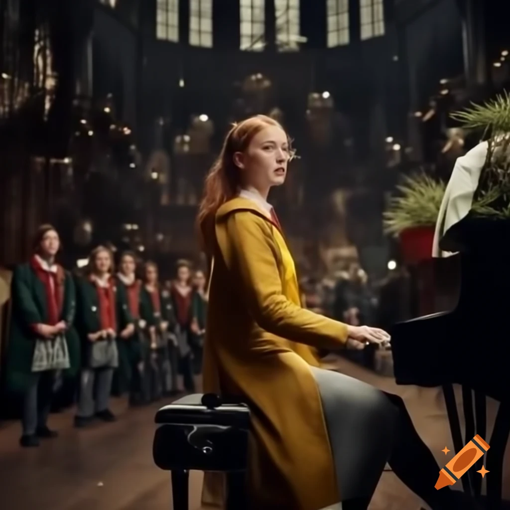 Woman in hufflepuff uniform playing piano at hogwarts great hall during ...