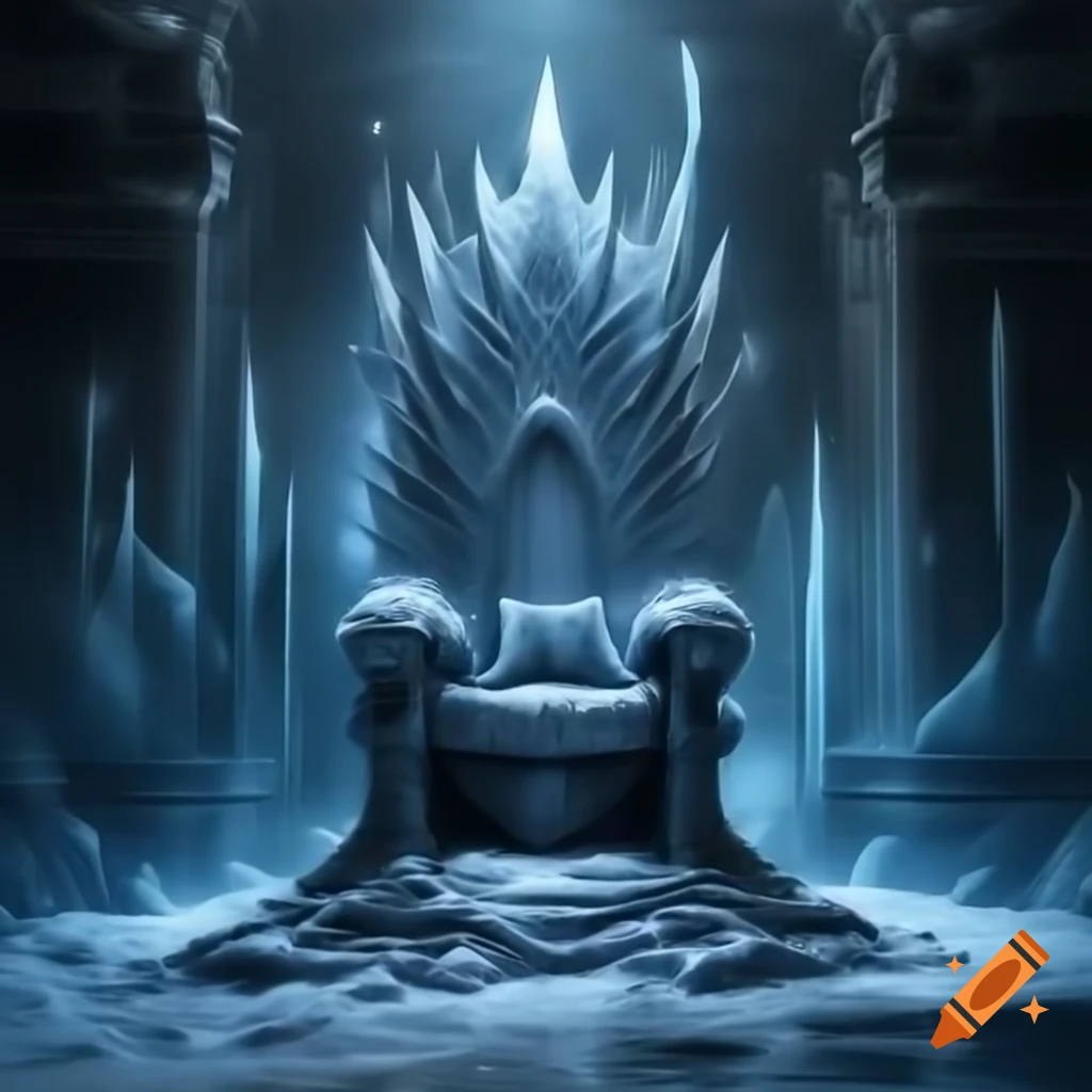 Magnificent ice throne against wall with antique swords, highlighting ...