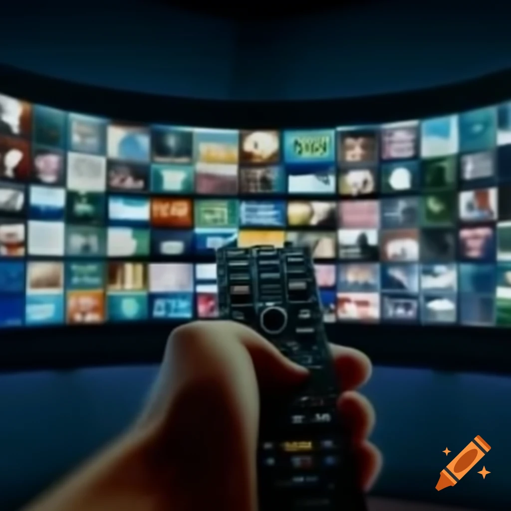 Hand holding remote control pointed at large screen with streaming ...