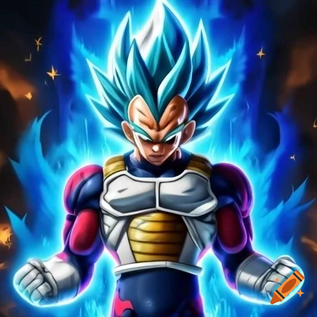 Super Saiyan 5 Vegeta with silver hair and neon glowing aura ...