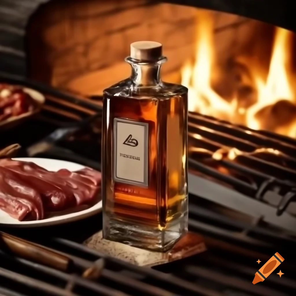 Rugged cologne bottle with glowing embers, surrounded by barbecue meat ...