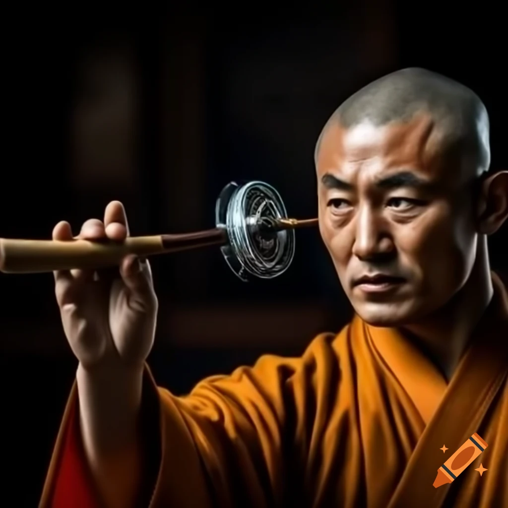 Shaolin monk training with spinning gear mechanism and wooden stick ...