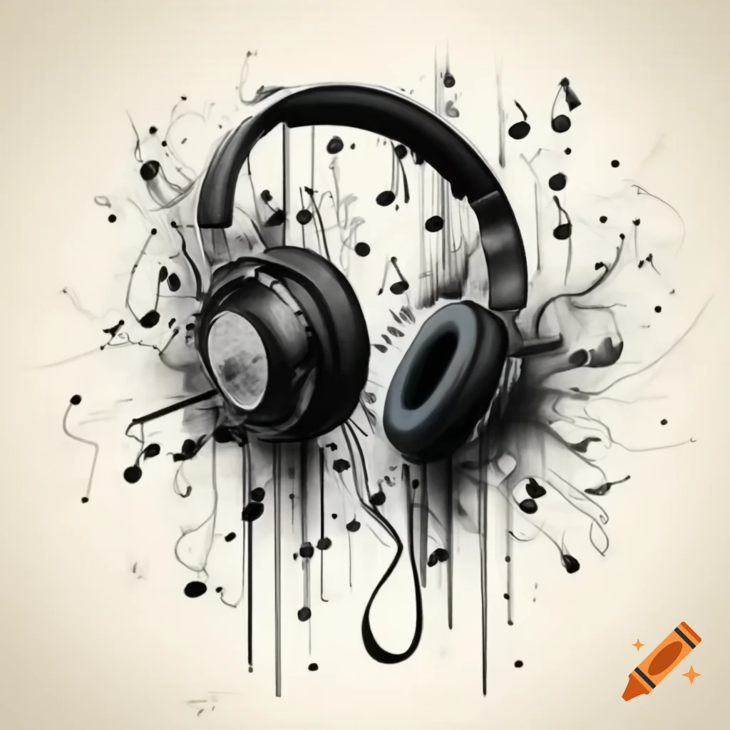 Chaotic drawing of broken black headphones with music notes and speech ...