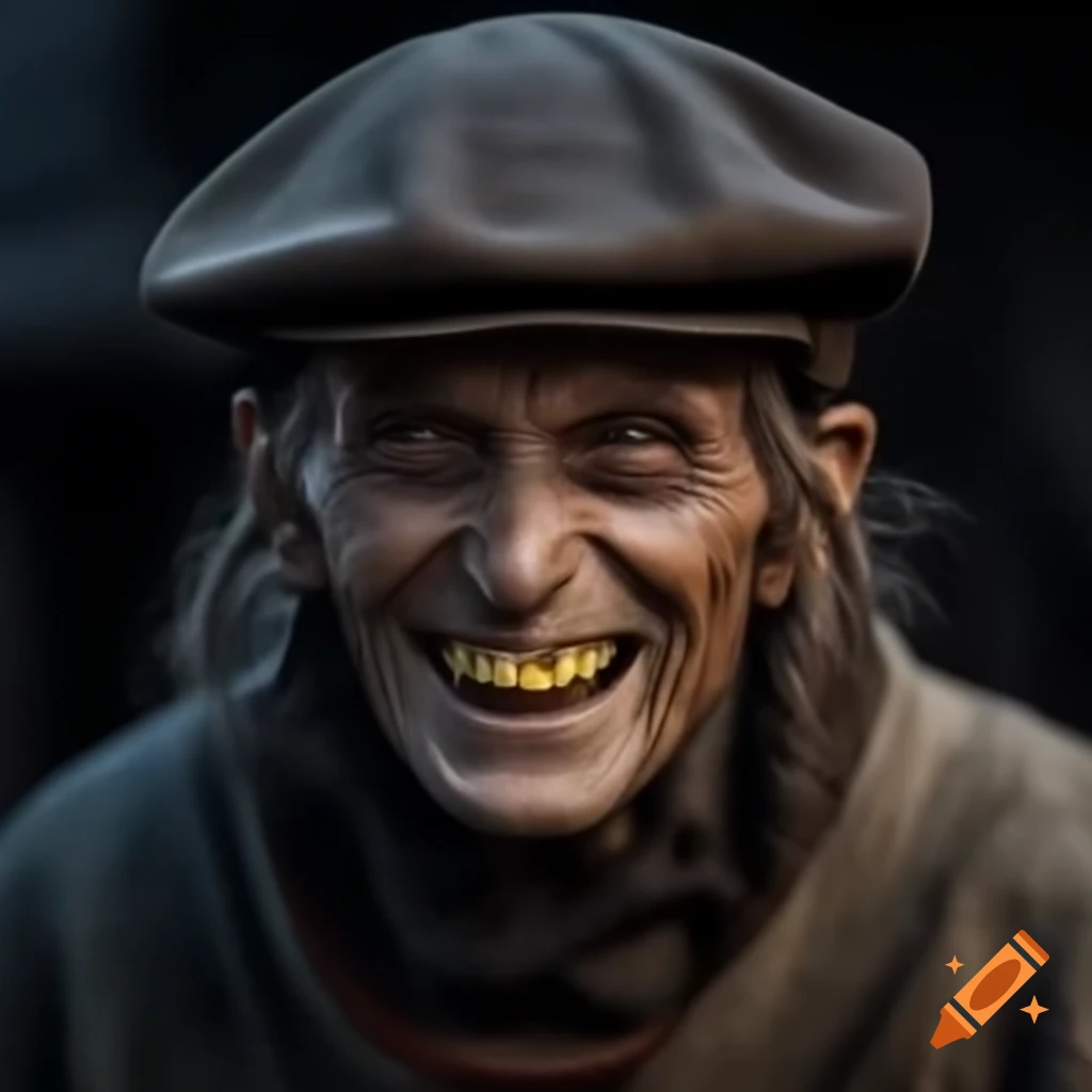 Medieval peasant in grimy clothes grinning with yellow teeth on Craiyon