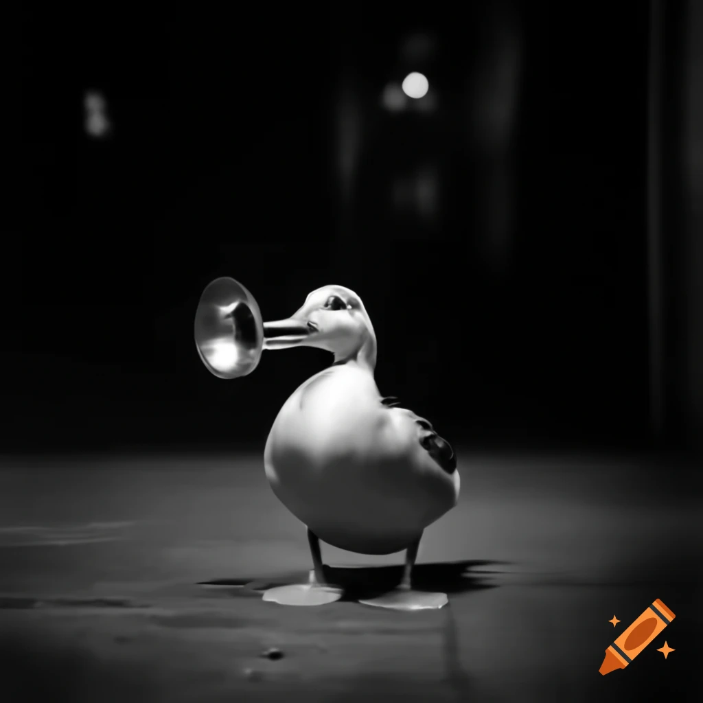 Surreal scene of a duck playing trumpet in dimly lit space on Craiyon