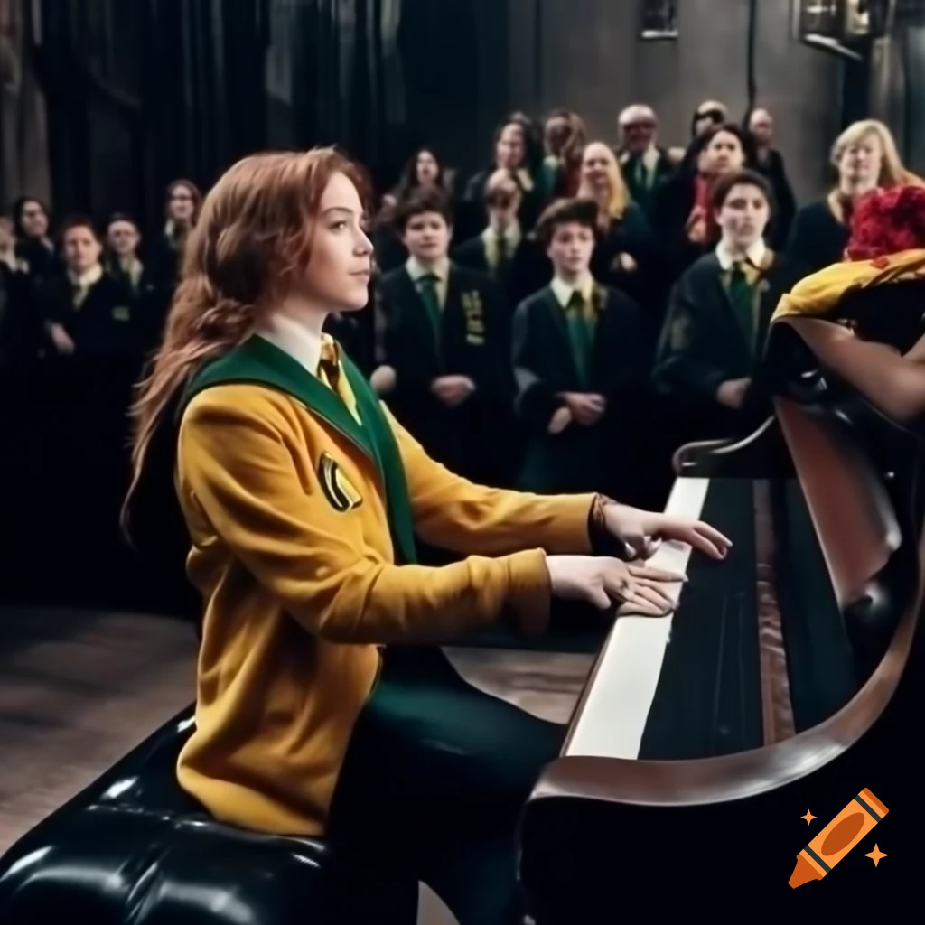 Woman in hufflepuff uniform playing piano at hogwarts christmas in ...