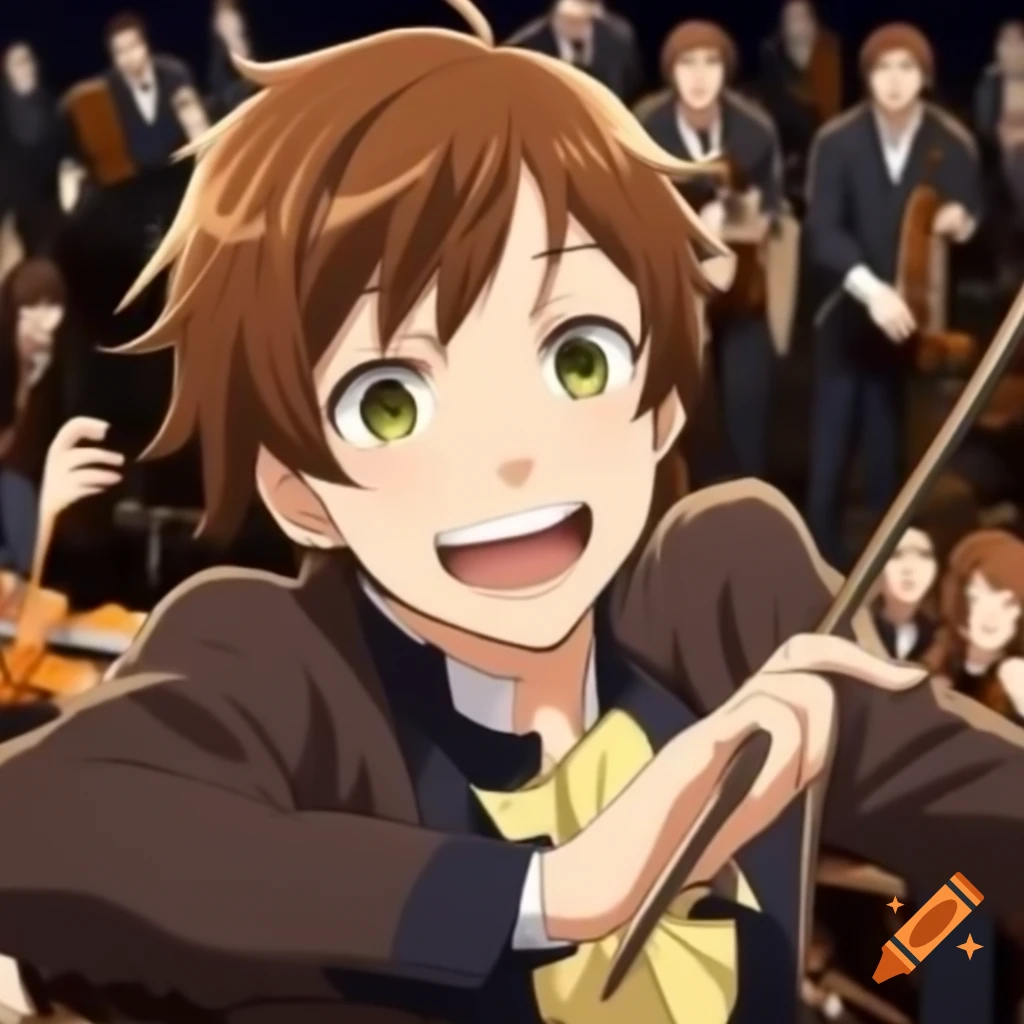Anime man with brown hair playing in orchestra, mischievous expression ...