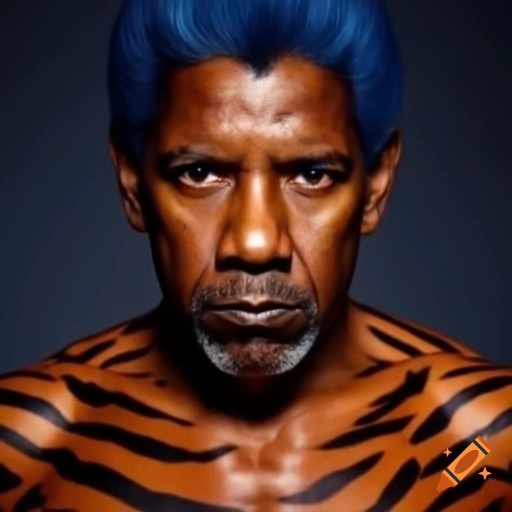 Muscular person with tiger-style makeup, blue hair and orange skin on ...