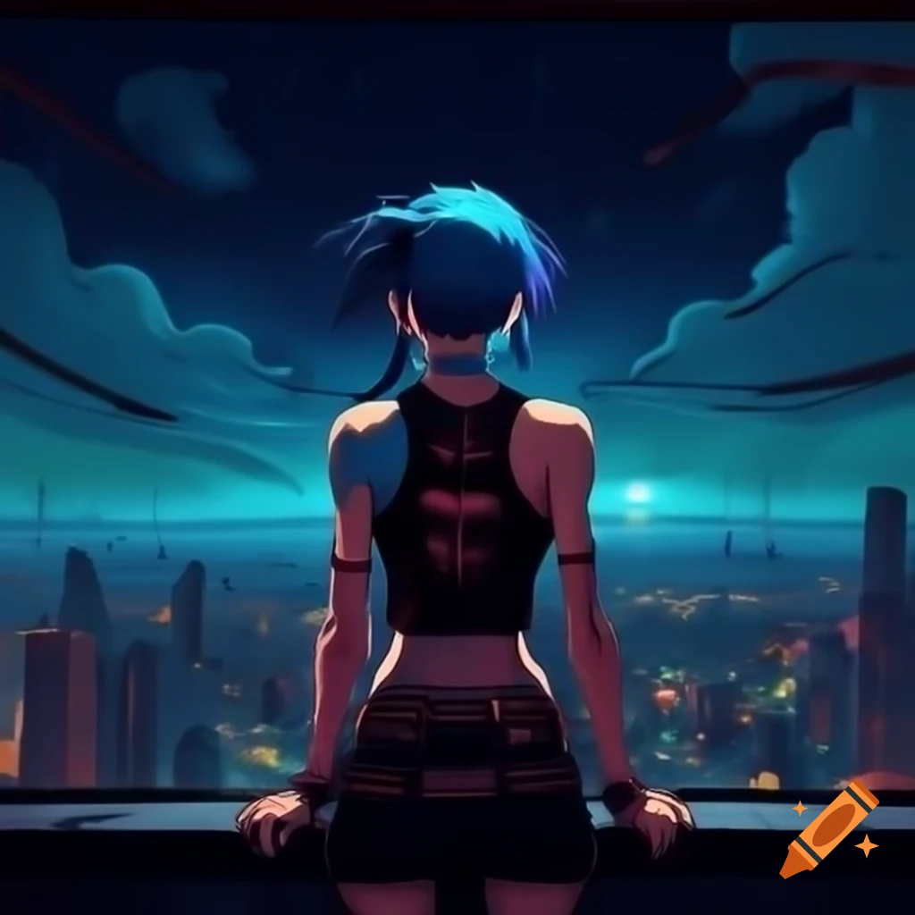 Jinx-inspired young woman with blue hair standing on a high-tech ...